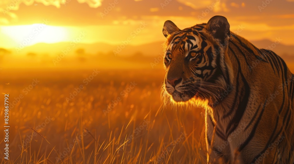 Bathed in the golden hues of sunset, a majestic Tiger gazes into the ...