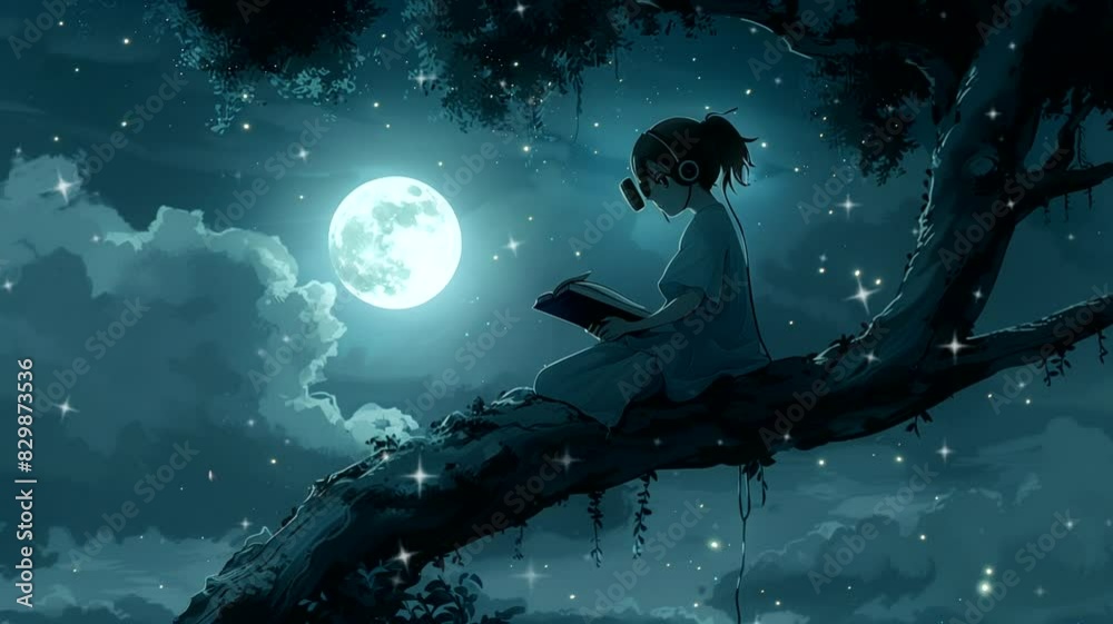 In the tranquil moonlight, an anime character finds solace atop a ...