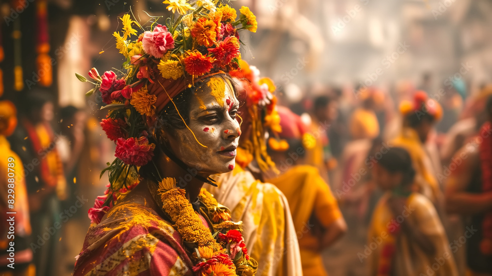 Person with face paint and floral headpiece at a festival. Candid ...