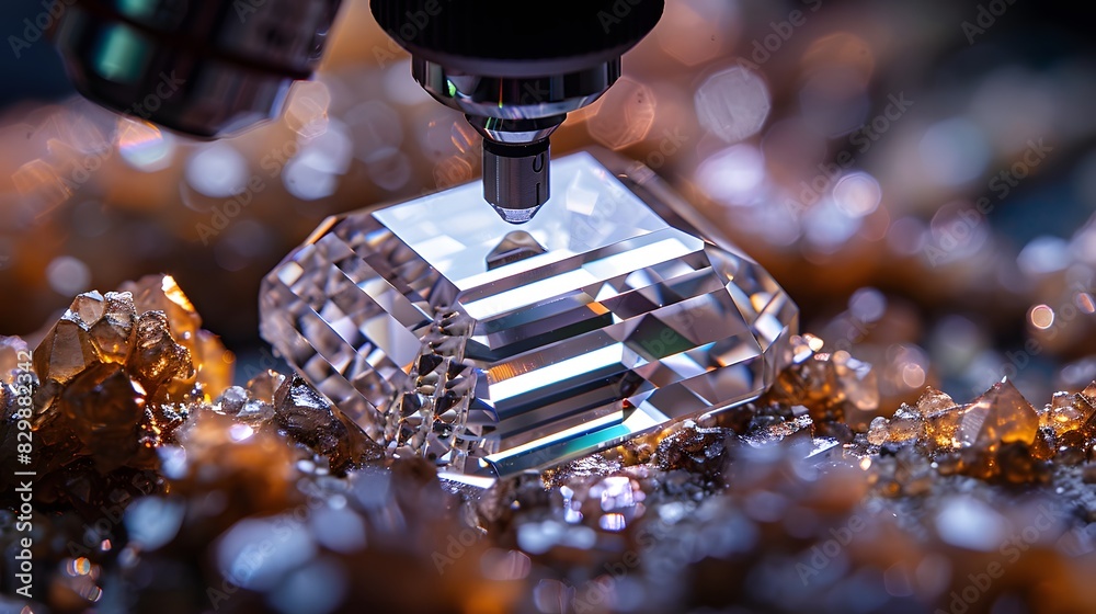 A diamond is being examined under a microscope. The diamond is cut into ...