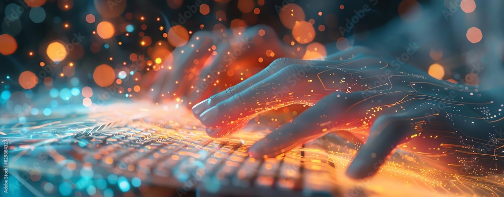 Closeup of hands typing on keyboard, digital hologram in background with orange and blue lights ...