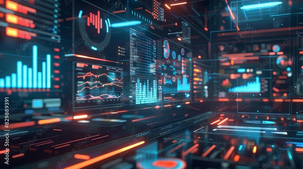 futuristic control room with multiple screens displaying various graphs, charts, and data. Stock ...
