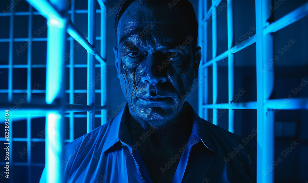 Prisoner stands in prison cell, looks at camera. Criminal serves ...