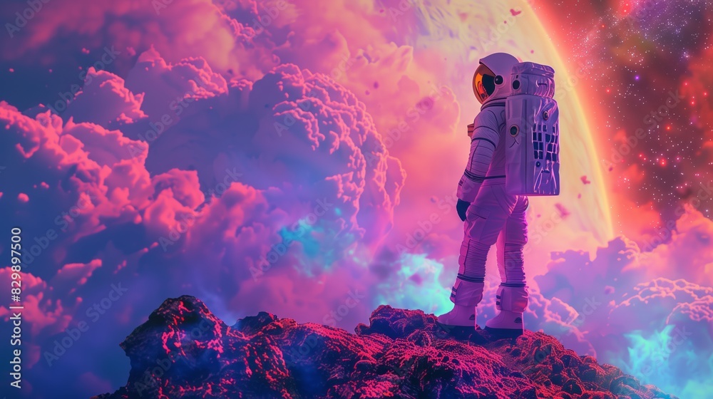 Astronaut Exploring Vibrant Cosmic Landscape: A Surreal Pop Art. Stock ...