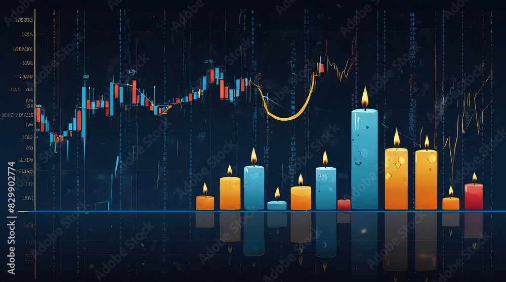 On a blue background, a business candlestick graph charts stock market ...