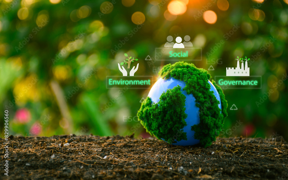 World environment day concept. Simulated globe with ESG icons for ...