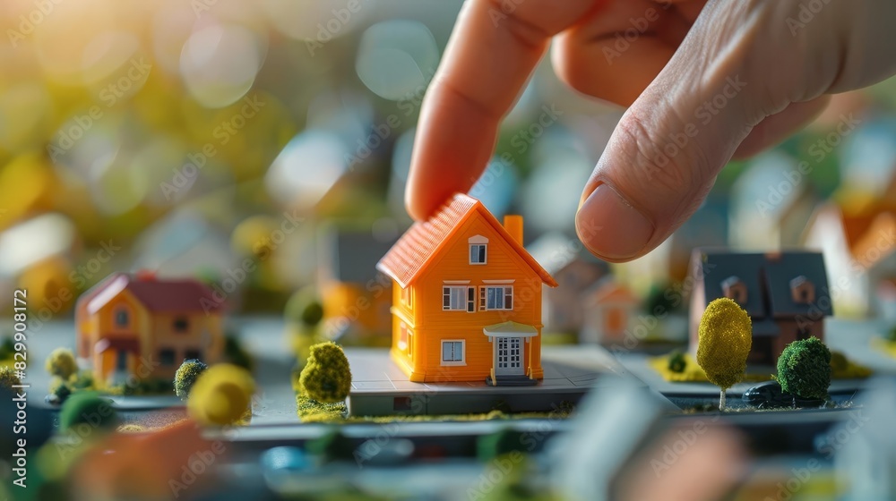 hand selecting miniature orange house property search concept in ...