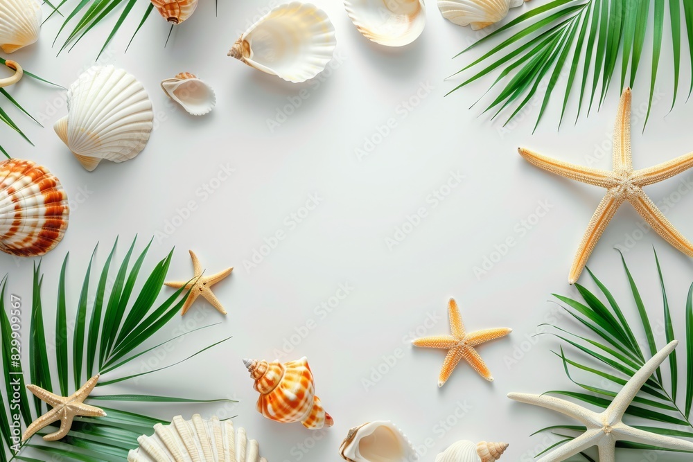 Elegant summer background featuring seashells and starfish arranged on ...