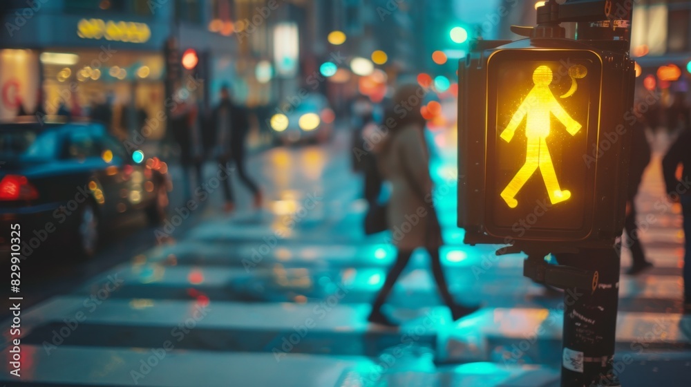 An intersection with a pedestrian crossing light showing the walk ...
