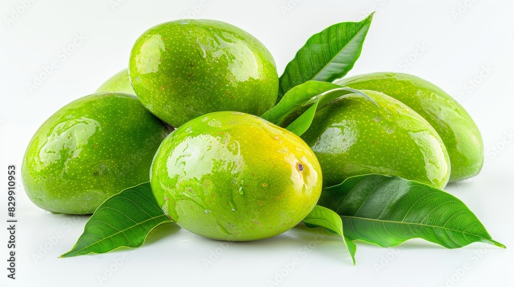 Freshly harvested green mango with leaves, isolated on white background ...