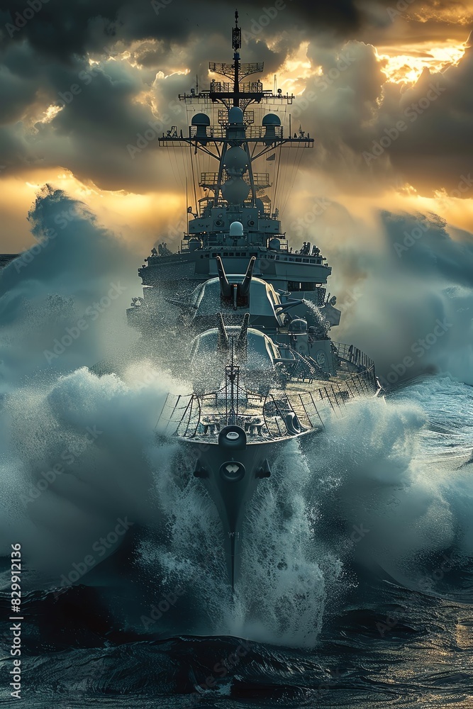 Powerful navy warship moving through rough seas with dramatic waves and ...
