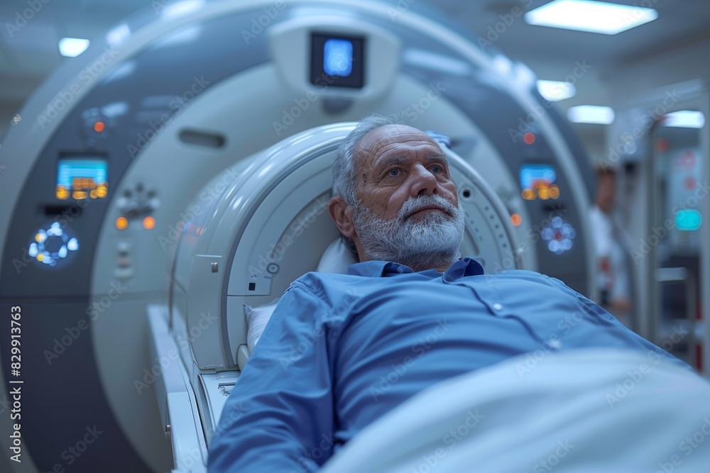 An elderly man lies in a CT scanner for an examination. The patient is ...