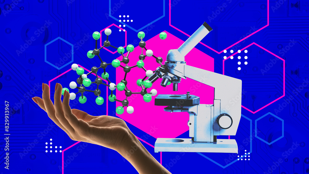 Contemporary art collage. Science and technology integration. Human ...