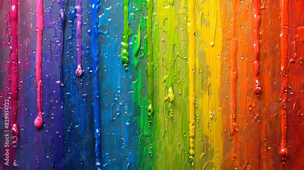 Rainbow-colored paint dripping down the wall, creating an abstract ...
