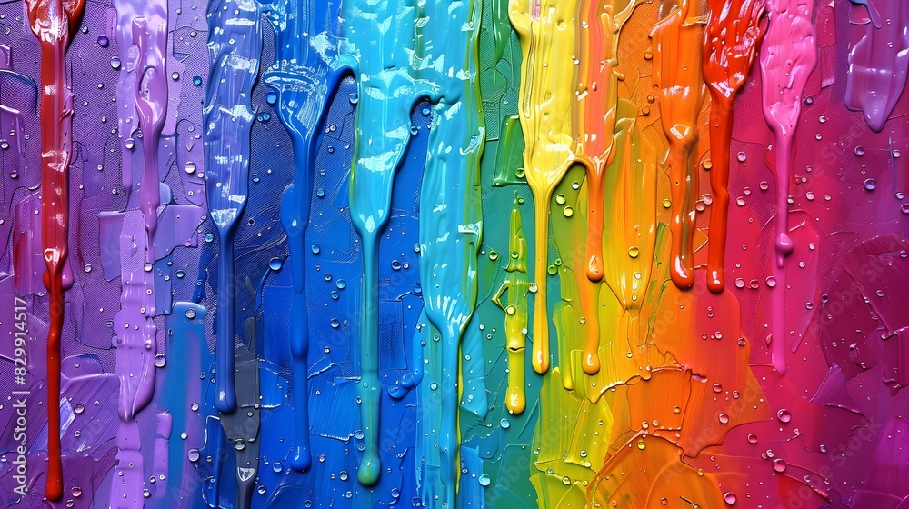 Rainbow-colored paint dripping down the wall, creating an abstract ...