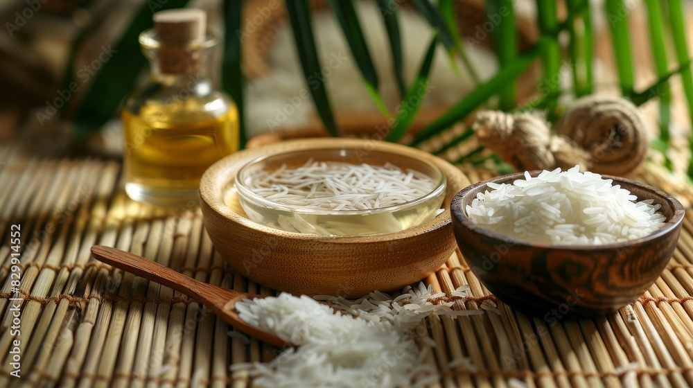 Essential ingredients for Thai white rice water, rice, and oil captured ...