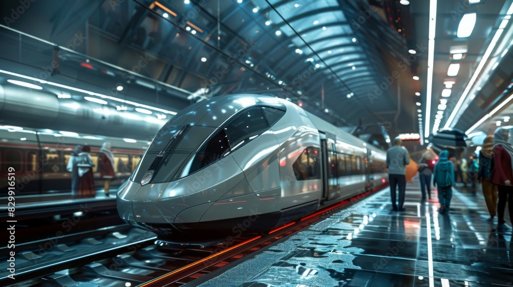 Passengers boarding a futuristic high-speed rail train at a bustling ...