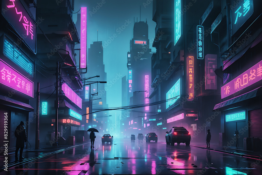 Cyberpunk streets illustration, futuristic city, dystoptic artwork at night, 4k wallpaper. Rain ...