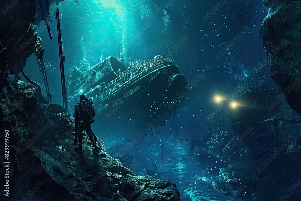 a man standing on top of a hill next to a giant monster, A deep-sea explorer venturing into the ...