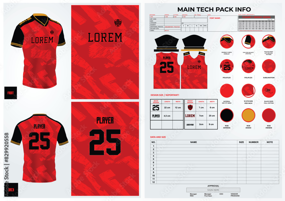 red sublimation jersey design with techpack and pattern Stock Vector ...