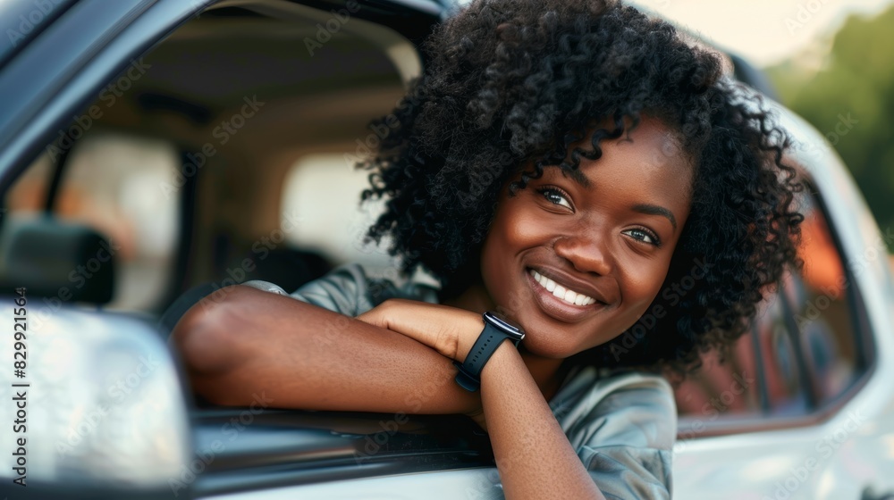 Road trip, black woman travelling, vehicle window relaxation, freedom ...