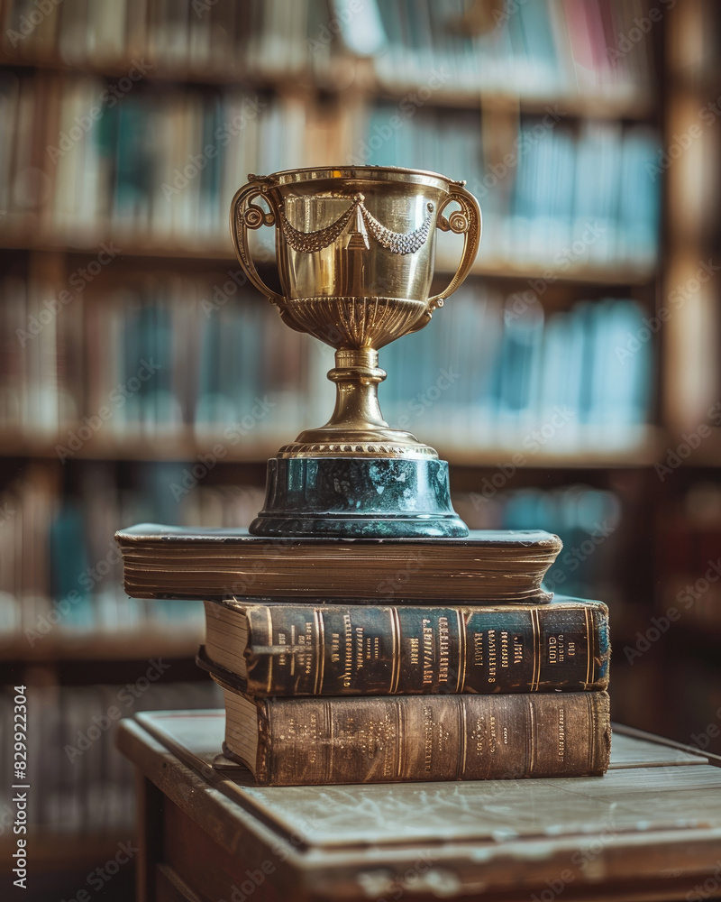 Gold trophy on top of books in a school library symbolizes achievement ...