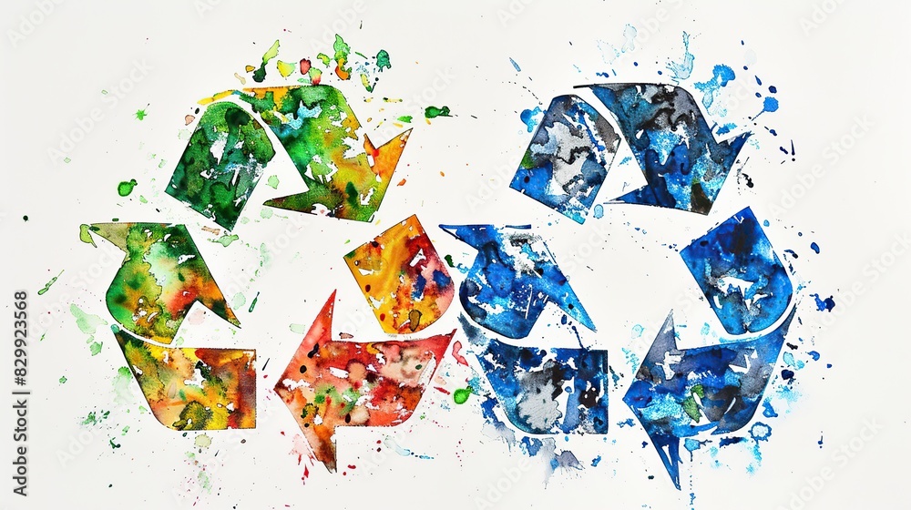Colorful poster with recycling sign and graffiti style paint splashes ...