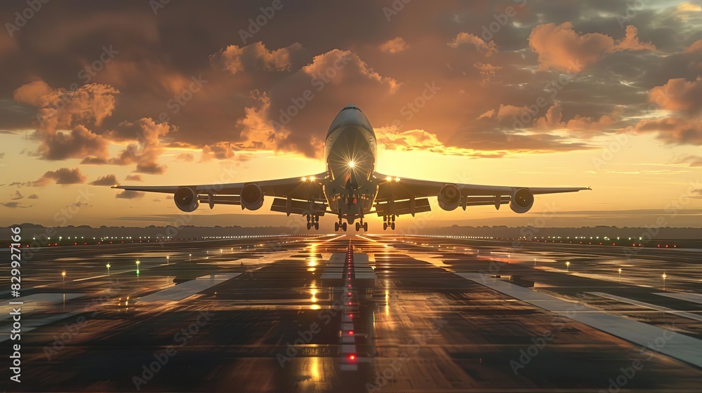 massive commercial jet taking off from airport runway at golden hour ...