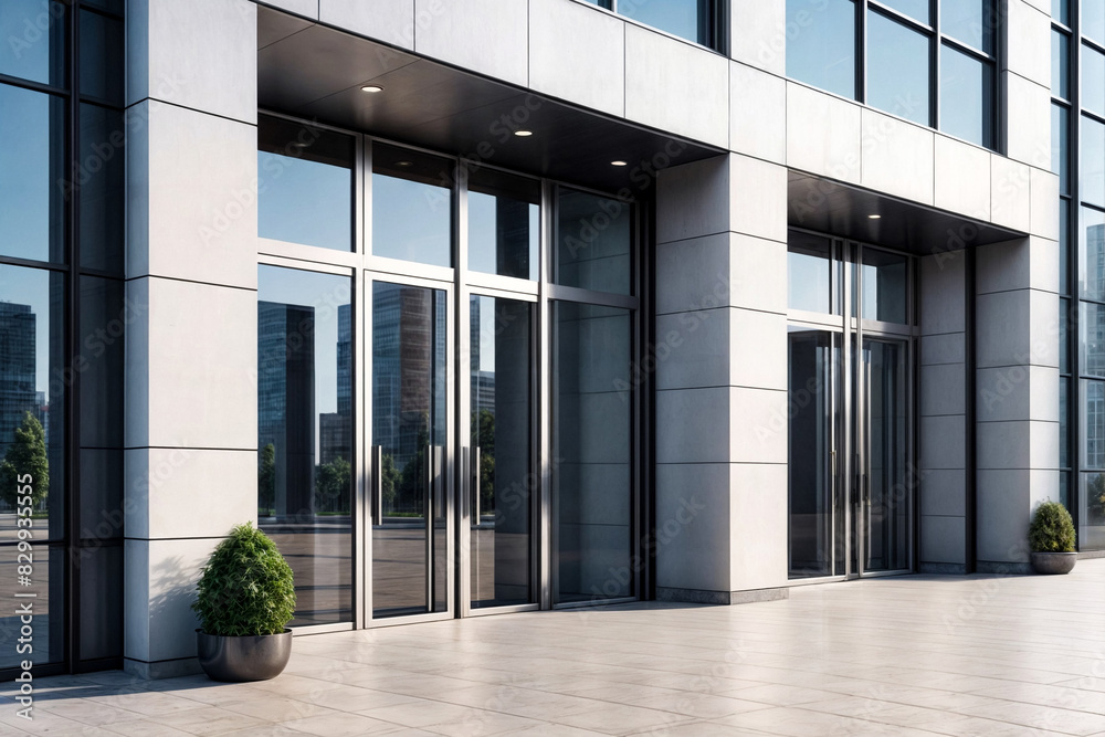 Entrance to modern office building of business city with automatic ...