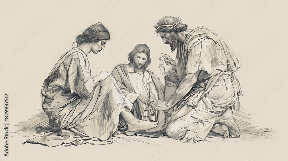 Biblical Illustration: Mary Anoints Jesus' Feet, Judas Objects, Jesus ...