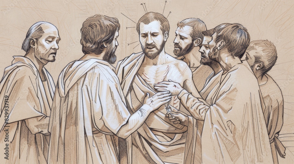 Biblical Illustration: Doubting Thomas, Jesus' Appearance, Wounds Shown ...