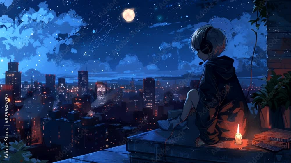 Sitting on the rooftop with a headset, the anime character was absorbed ...
