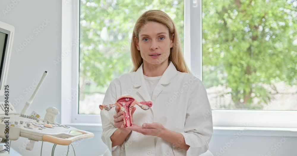 A female gynecologist in a clinic, demonstrating and explaining female ...