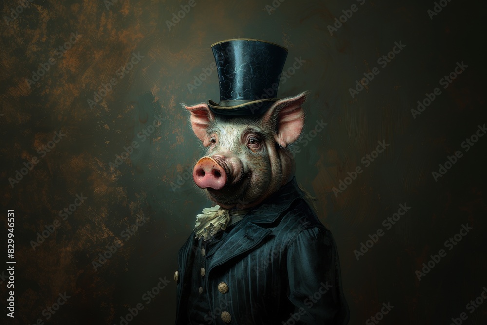 Anthropomorphic Pig in Victorian Attire Posing Against a Dark ...