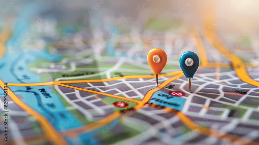 A detailed map displaying a specific location marked with two vibrant ...