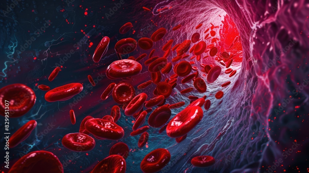 Red blood cells race through the winding path of a vein. Stock ...