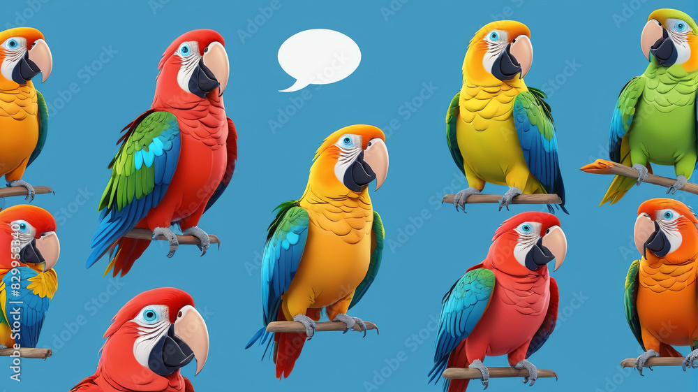 Comic parrot birds set isolated on a blue background. Vector cartoon ...
