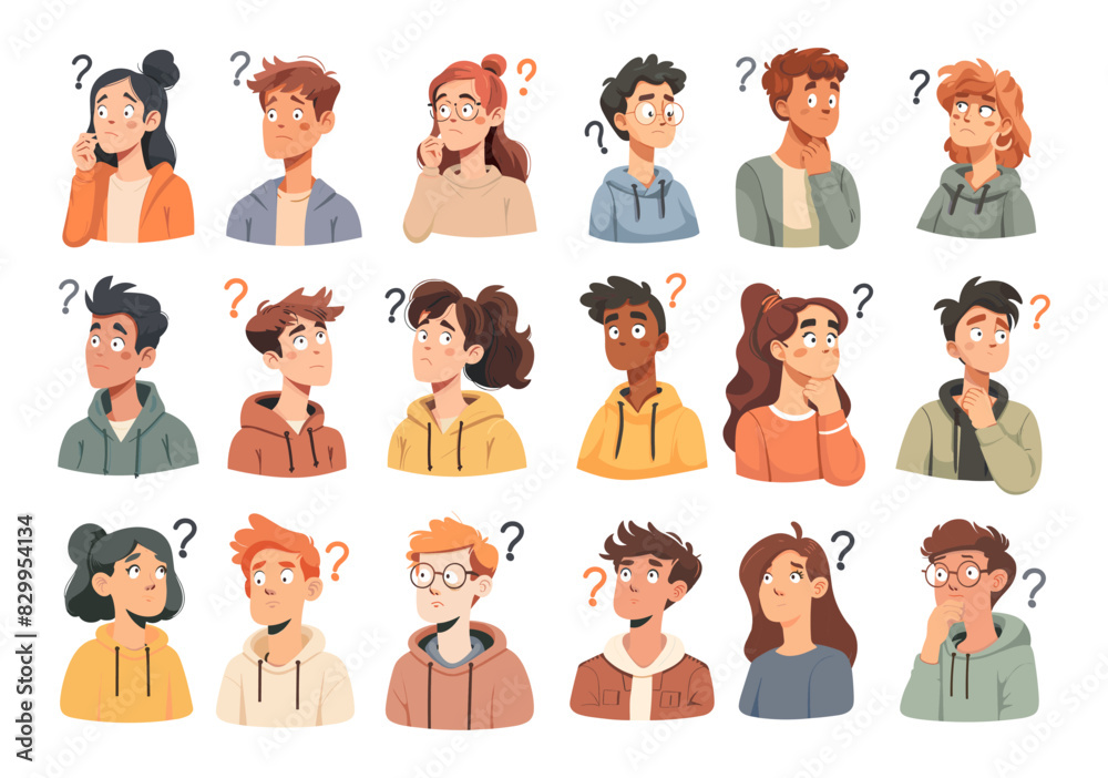 Puzzled characters avatars cartoon vector set. Guys girls doubts ...