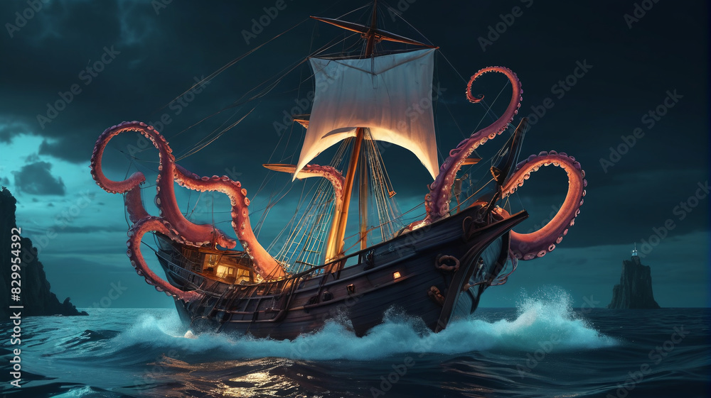 Sail boat in the sea with fantasy kraken tentacles at night. A monstrous octopus is crashing the ...