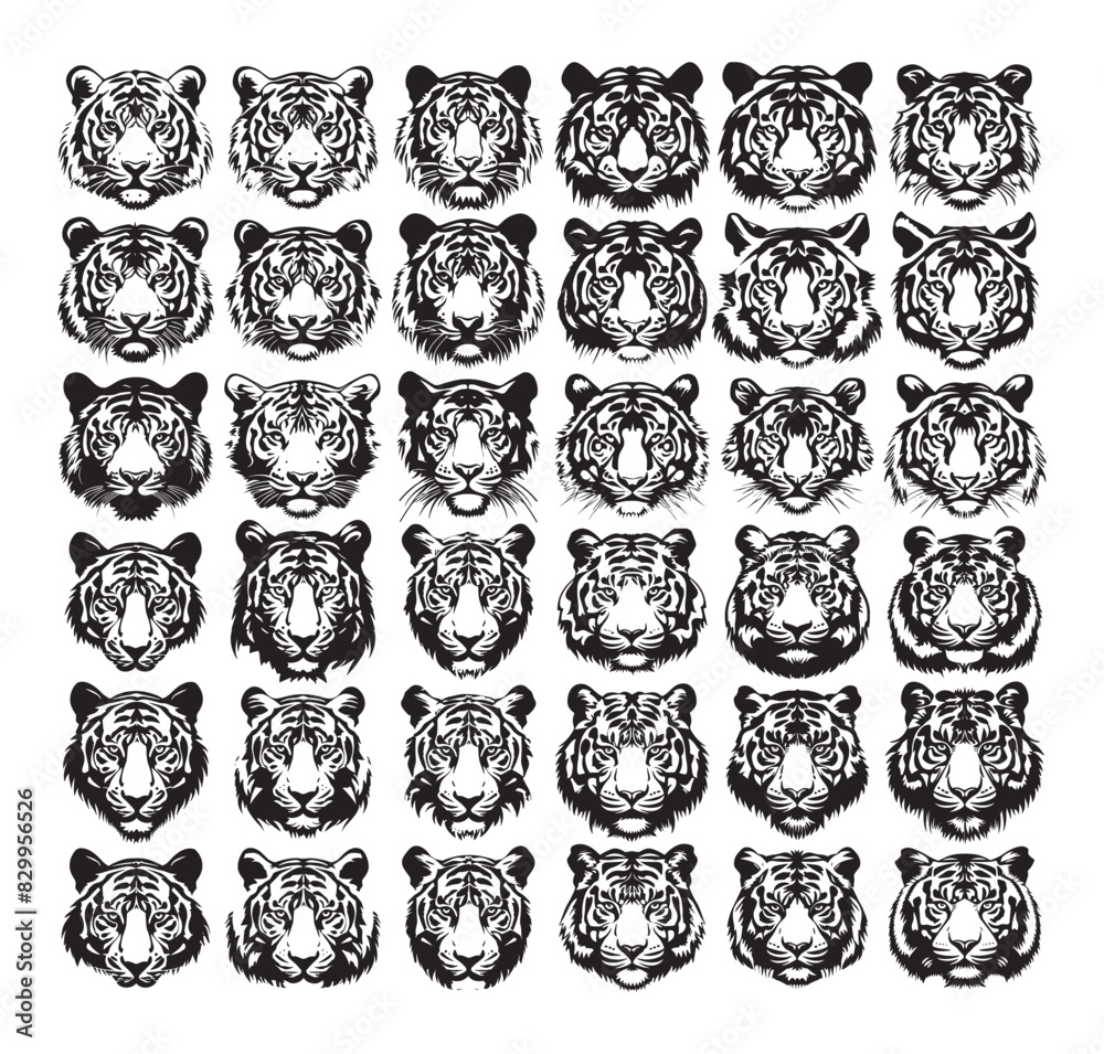 Tiger avatars ink sketch vector set. Striped cat fangs eyes striped ...