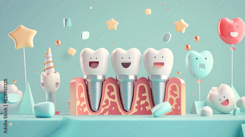 Cute dental scene with smiling teeth, stars, and balloons. Whimsical ...