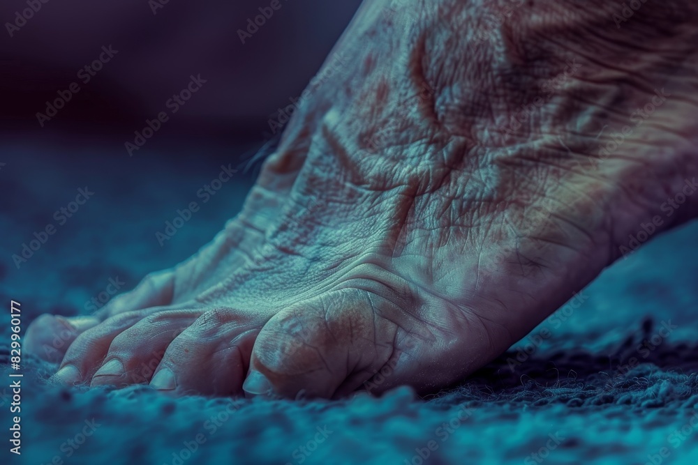 Swollen foot with visible edema in a hyperrealistic style, emphasizing ...