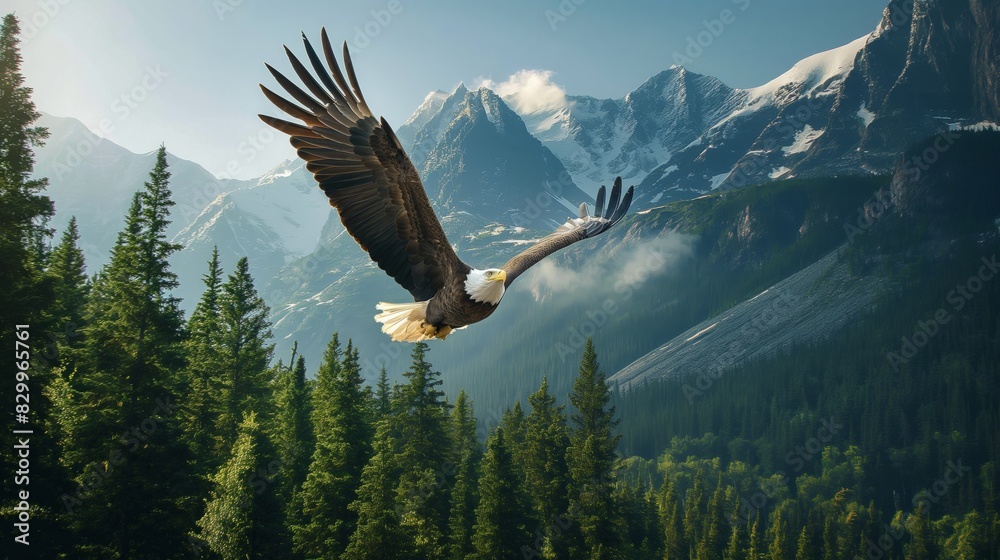 Majestic Bald Eagle Soaring Over Lush Forest with Snow-Capped Mountain ...