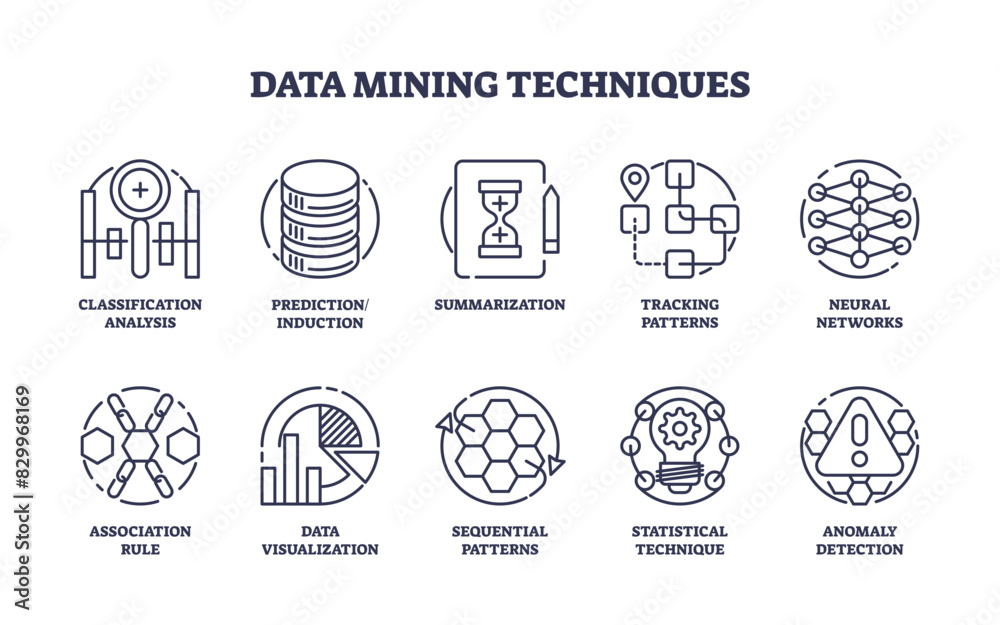 Data mining techniques and big data collection in outline icons concept ...