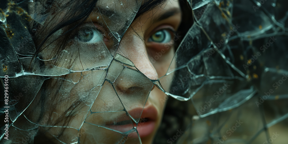 Unsettled figure ensnared in splintered mirror segments, signifying ...