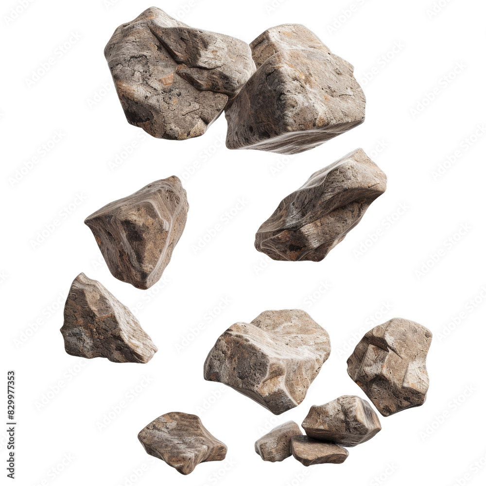 A group of rocks isolated on a white background, falling mid-air, in a ...