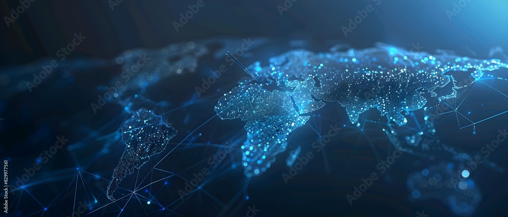 Abstract Digital World Map On Blue Background With Binary Code And Global Network Connection