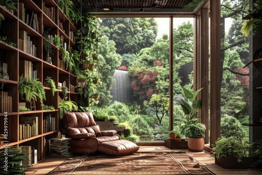 Cozy reading nook with lush greenery and a serene view of a waterfall through a floor-to-ceiling ...