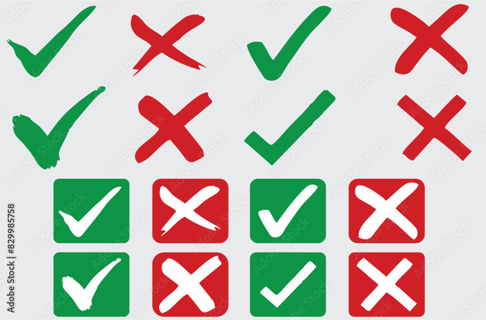 Tick and Cross sign hand drawn in editable vector on white background ...