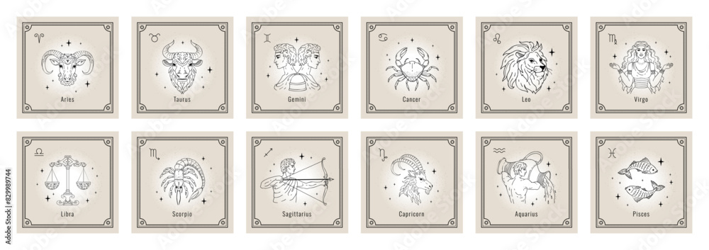 Zodiac signs. Astrology icons of Aquarius, cancer and Taurus, logo or ...